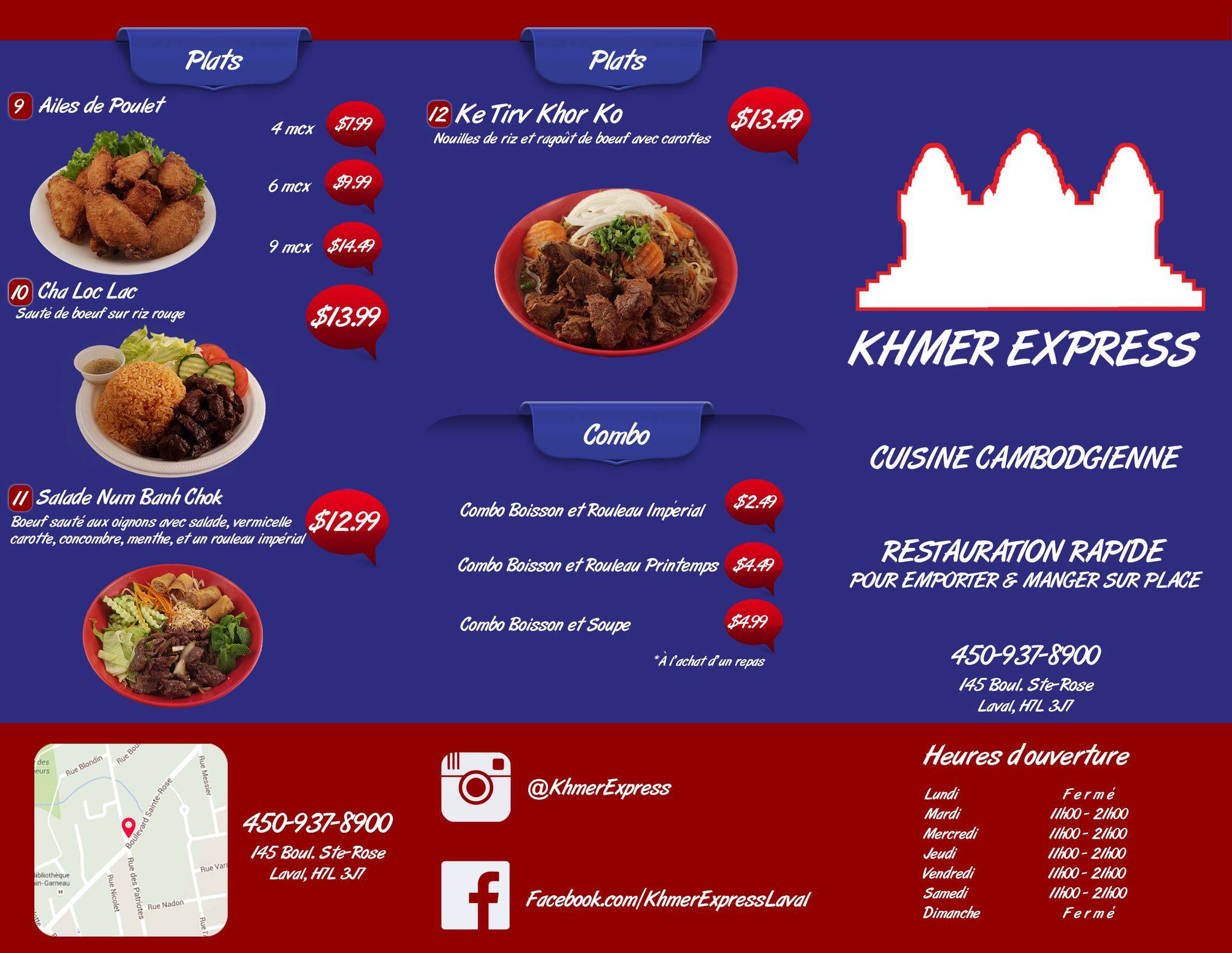 Menu at Khmer Express restaurant, Laval