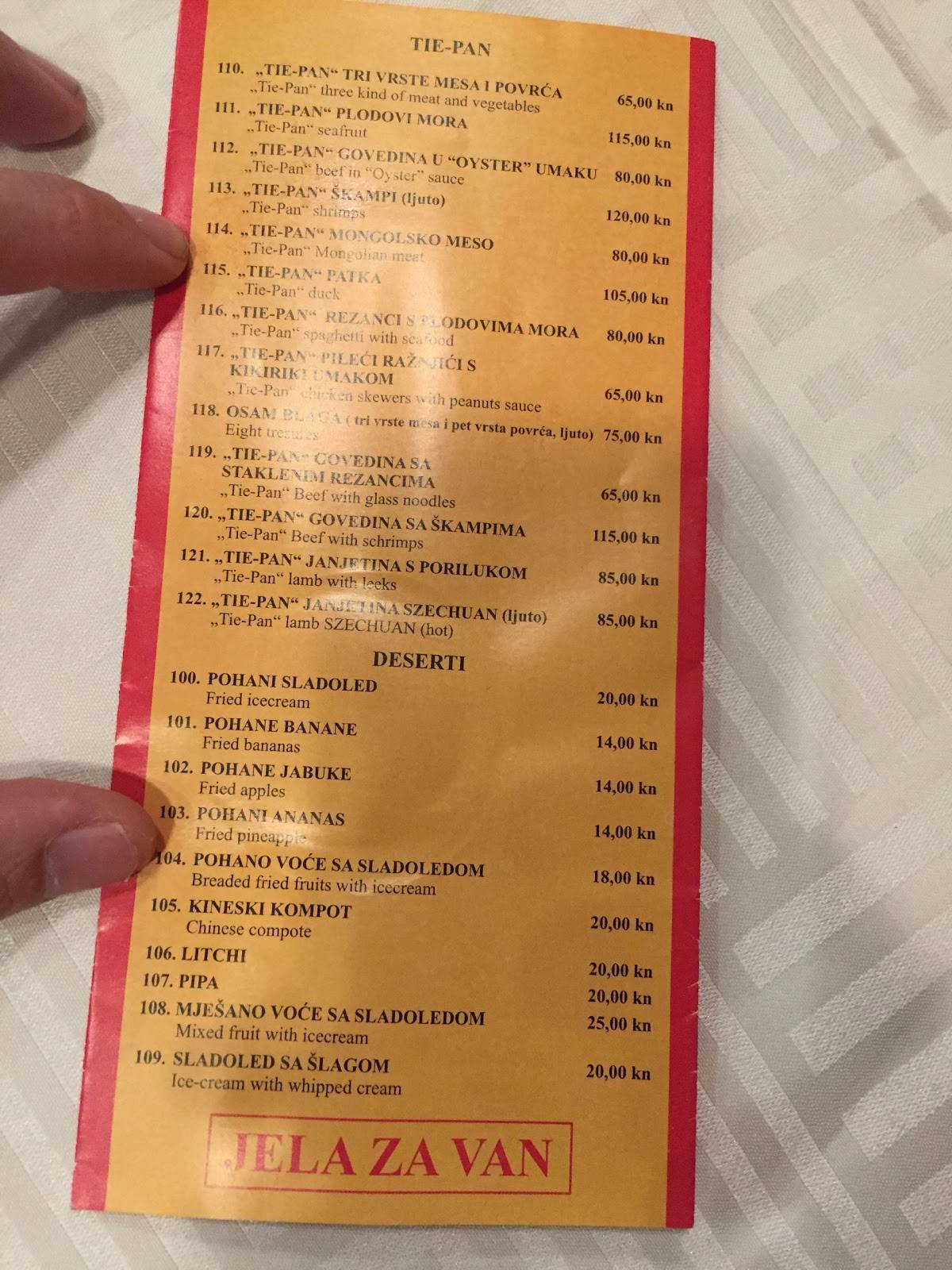 Menu at Kineski restoran Asia (Hong Yun) restaurant, Split