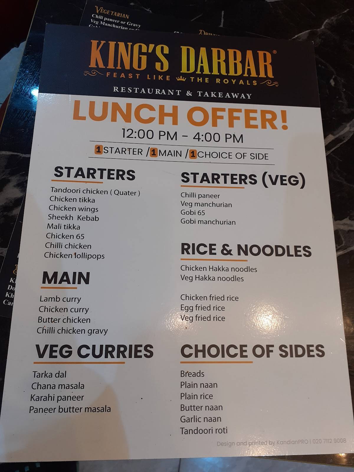 Menu at King’s Darbar, Hounslow