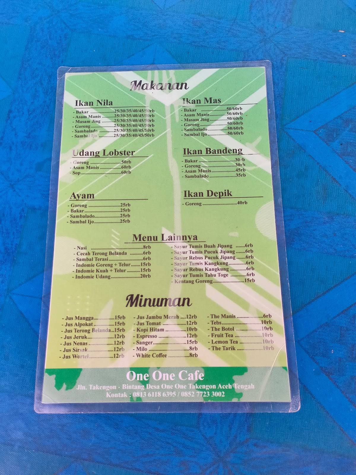 Menu at Kiniko One One Cafe, Takengon