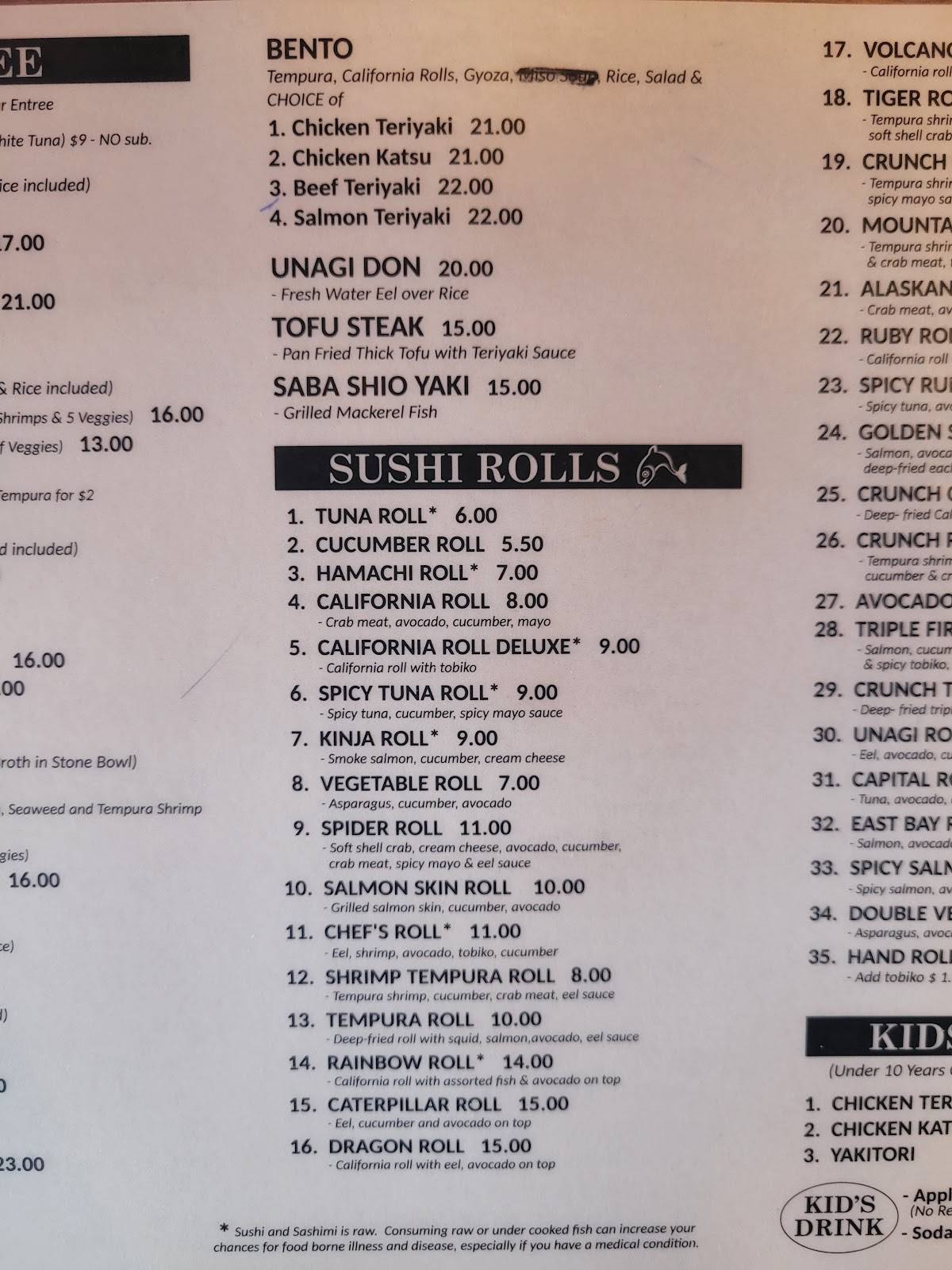 Menu at Kinja Japanese Restaurant, Yelm