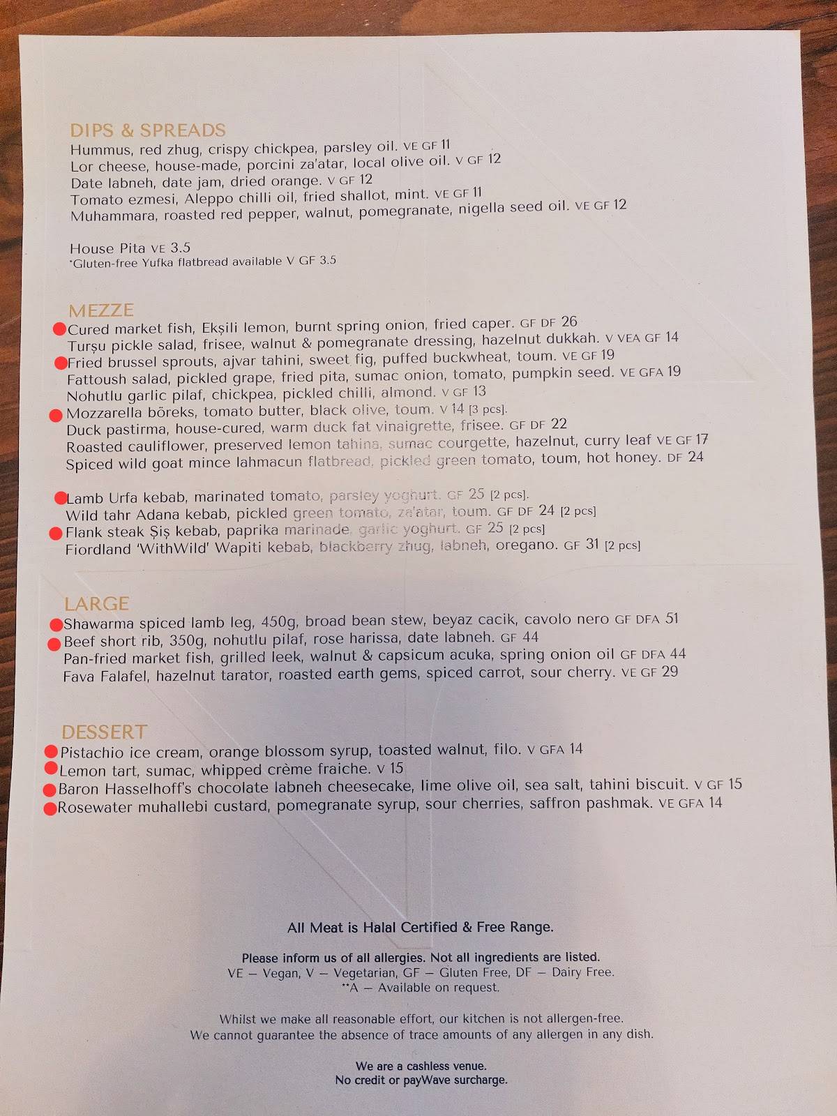 Menu at Kisa restaurant, Wellington