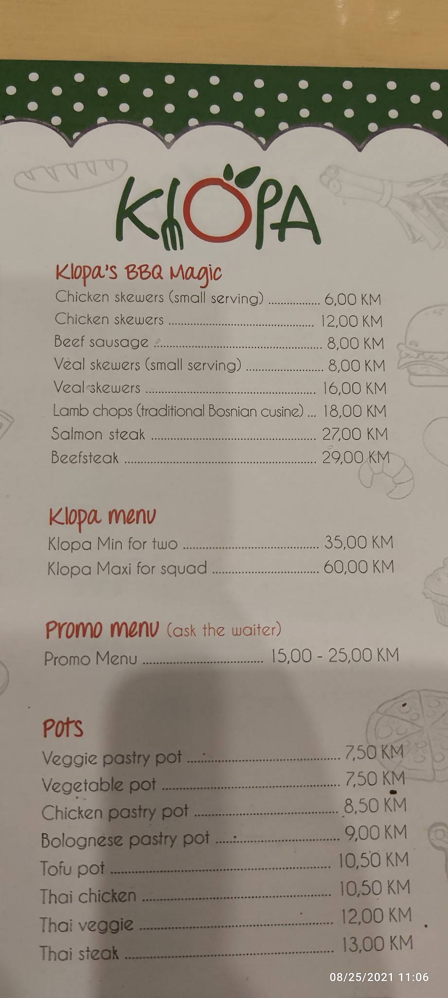 Menu at Klopa restaurant, Sarajevo