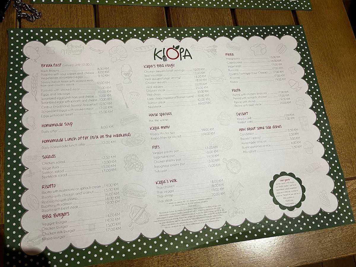 Speisekarte von Klopa restaurant, Sarajevo