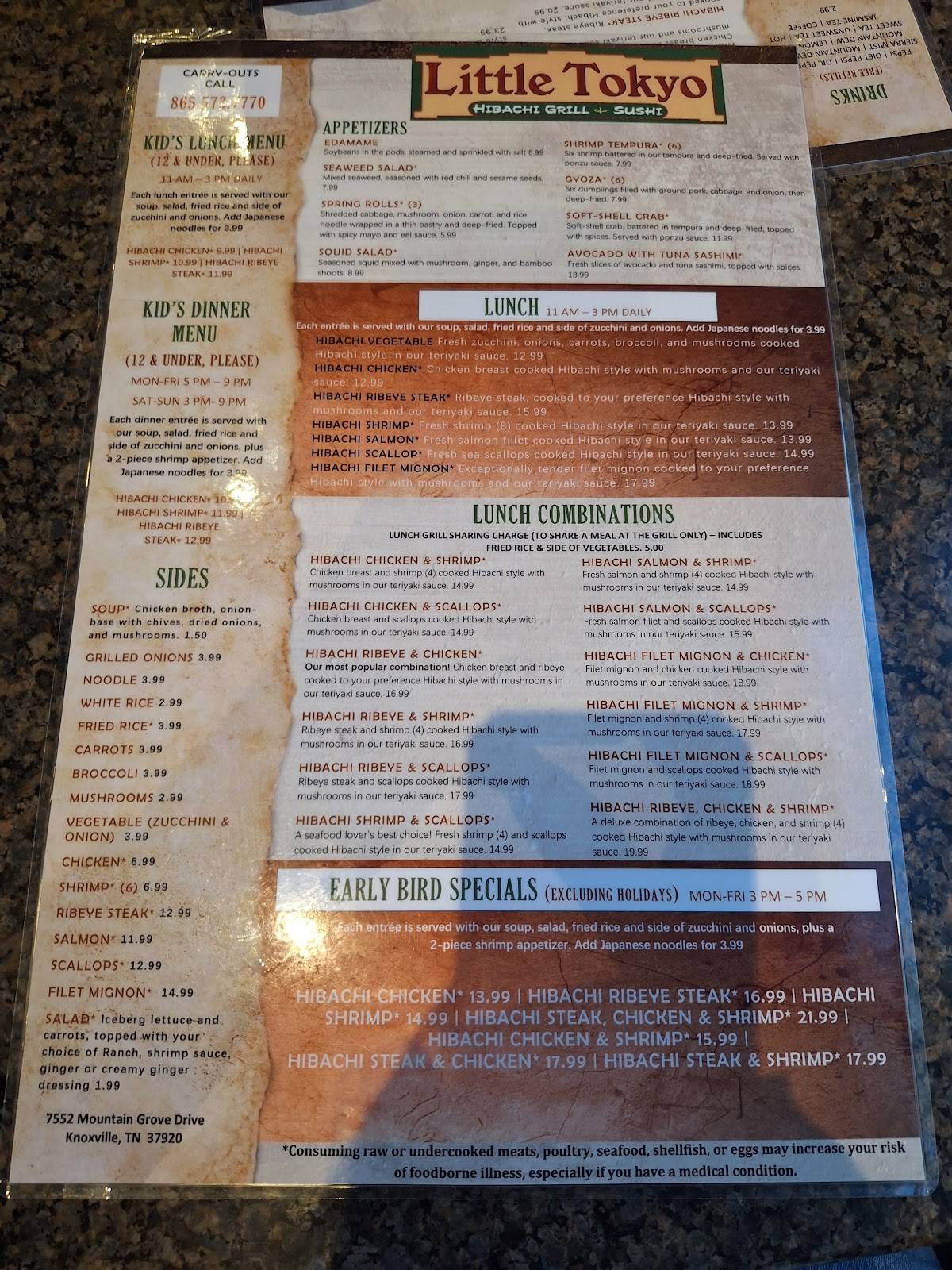 Menu at Little Tokyo Cafe, Knoxville, Mountain Grove Dr