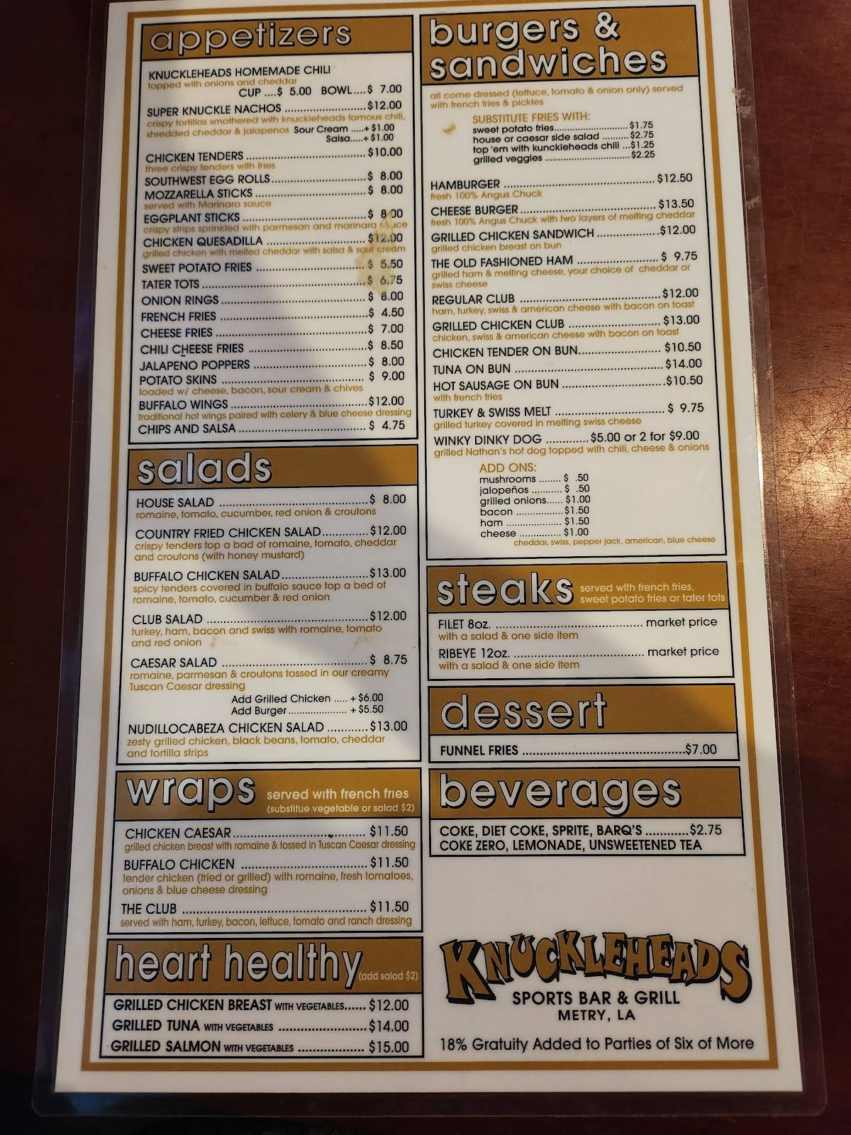 Menu at Knuckleheads Sports Bar & Grill, Metairie