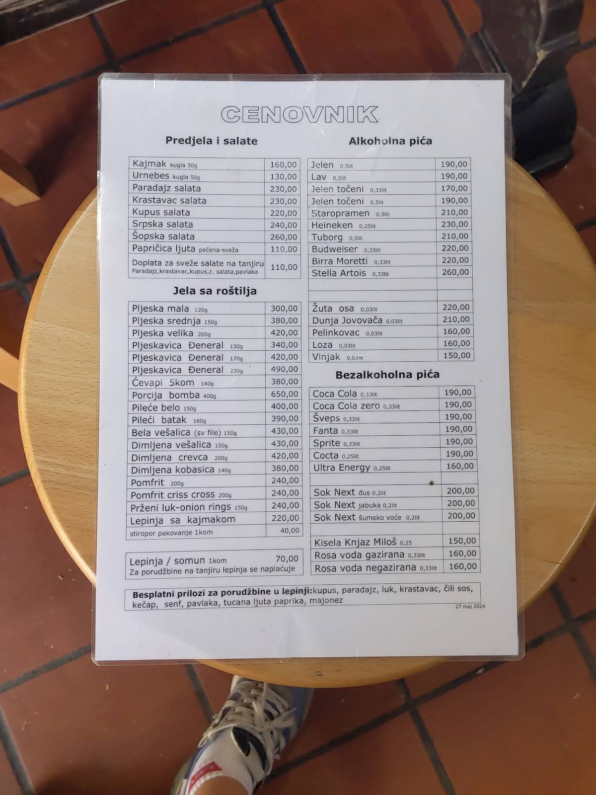 Menu at Kod Djenerala restaurant, Pancevo