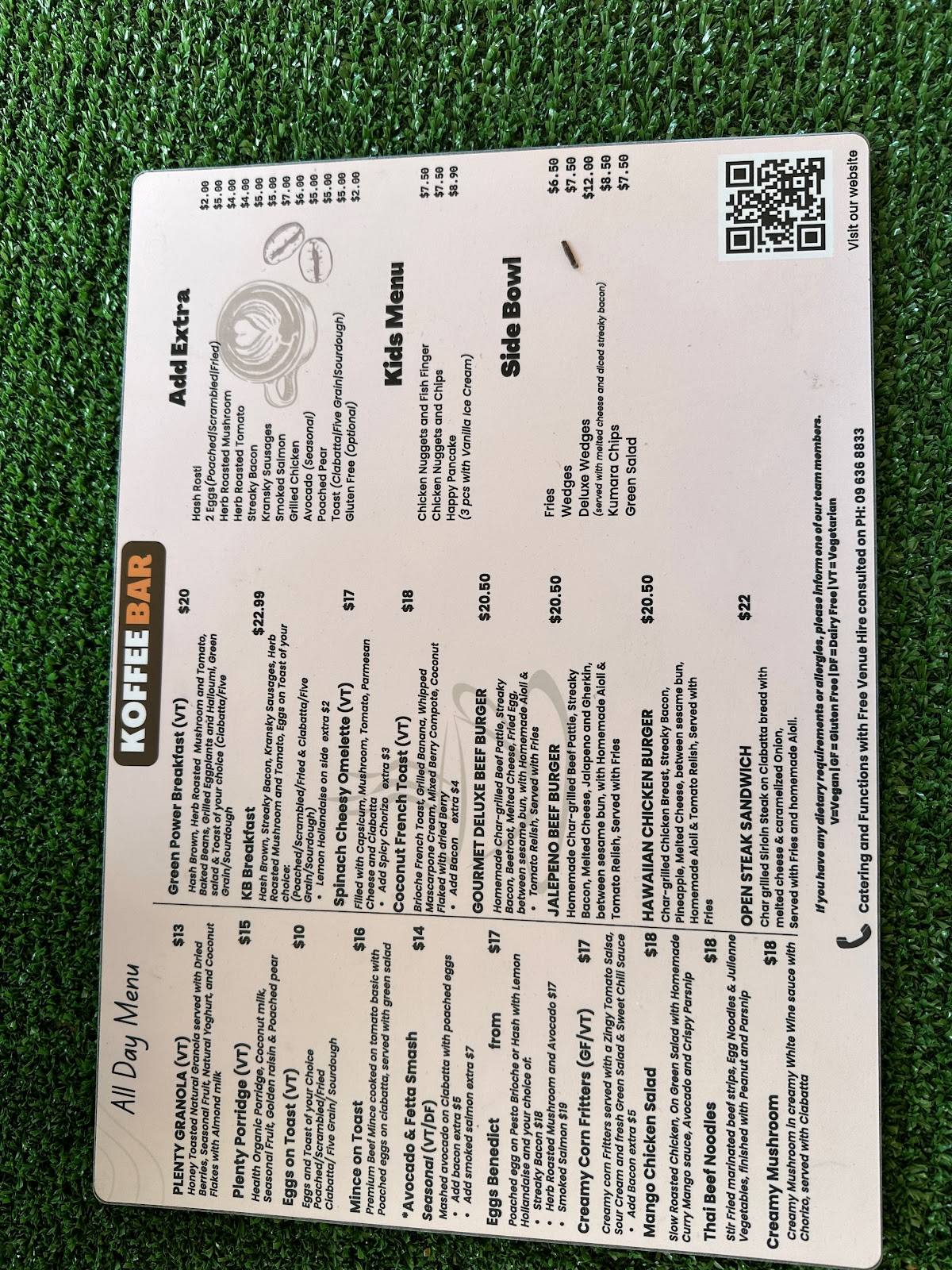Menu at Koffee Bar Onehunga, Auckland