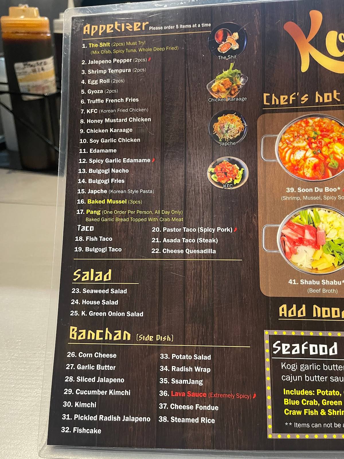 Menu at Kogi Korean BBQ & Seafood Hot Pot, Las Vegas