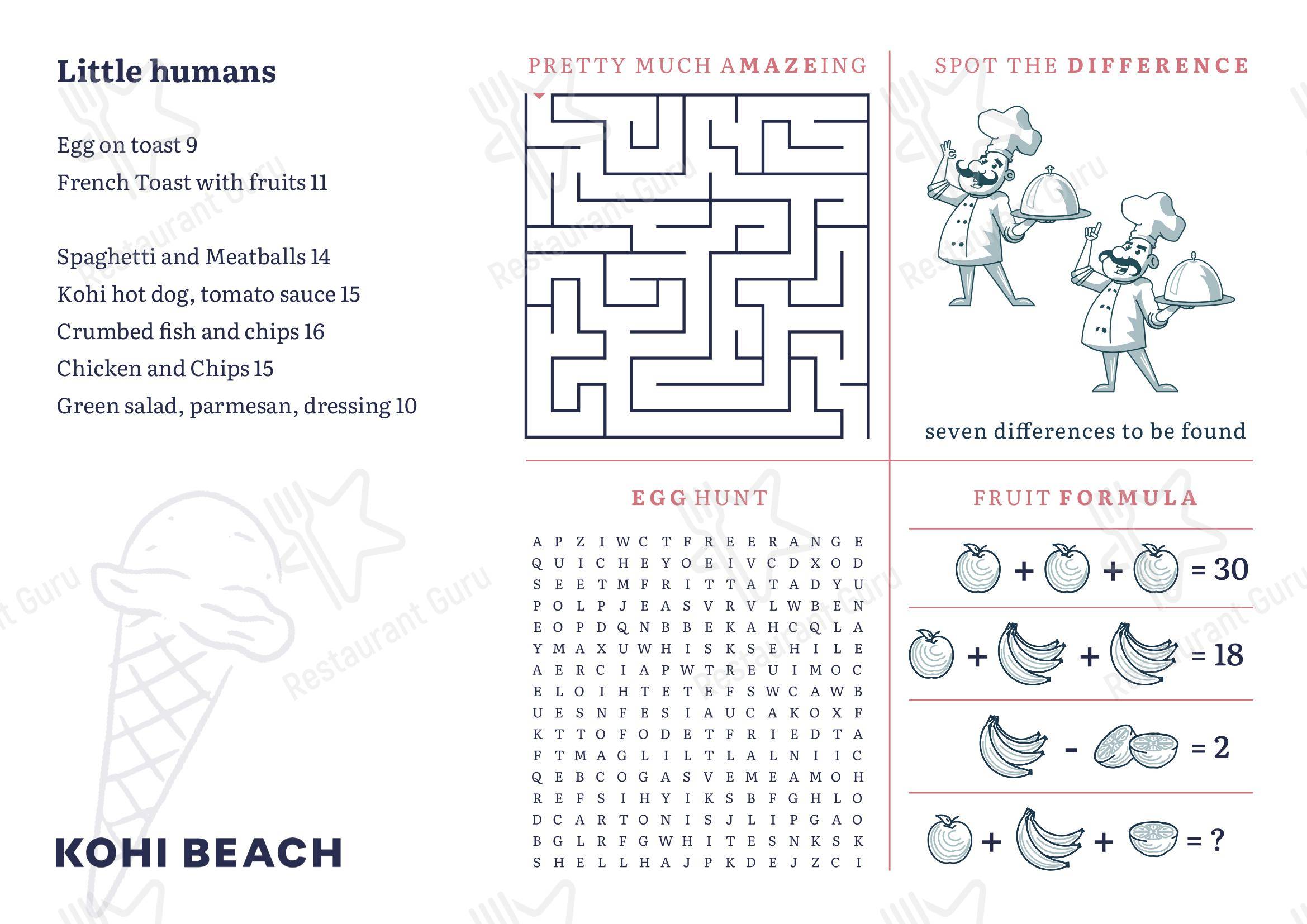 Menu at Kohi Beach Eatery & Store cafe, Auckland, 237 Tamaki Dr
