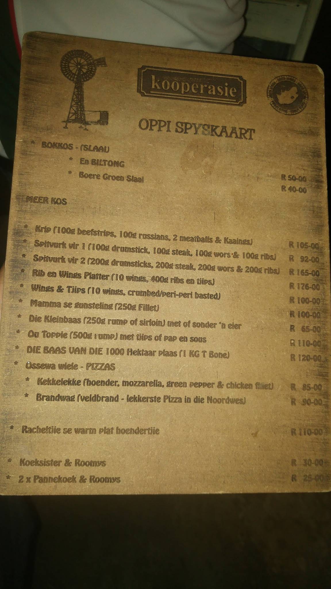 Menu at Kooperasie Kroeg & Kos restaurant, Potchefstroom