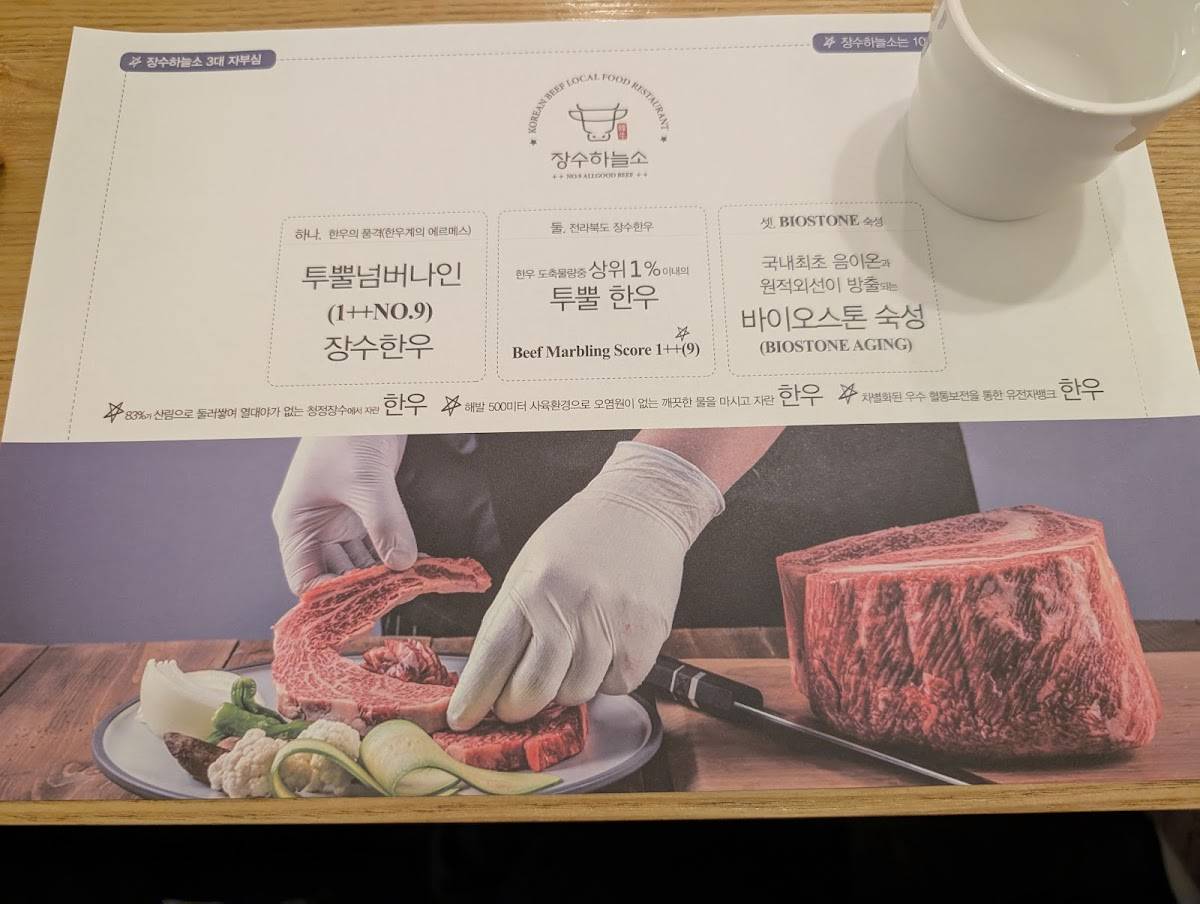 Menu at Korean bbq Restaurant - Jangsu Sky Beef, Seoul