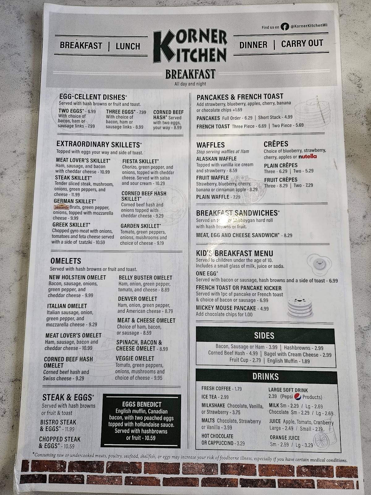 Menu at Korner Kitchen restaurant, New Holstein, Milwaukee Dr