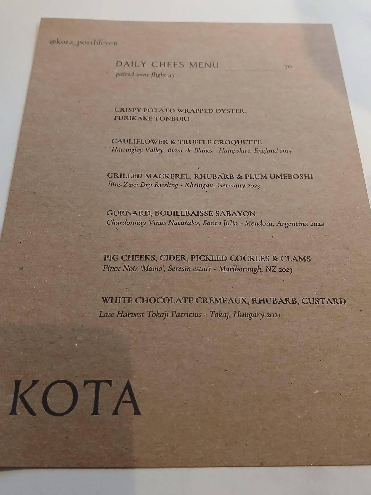 Menu at Kota Food & Wine restaurant, Porthleven