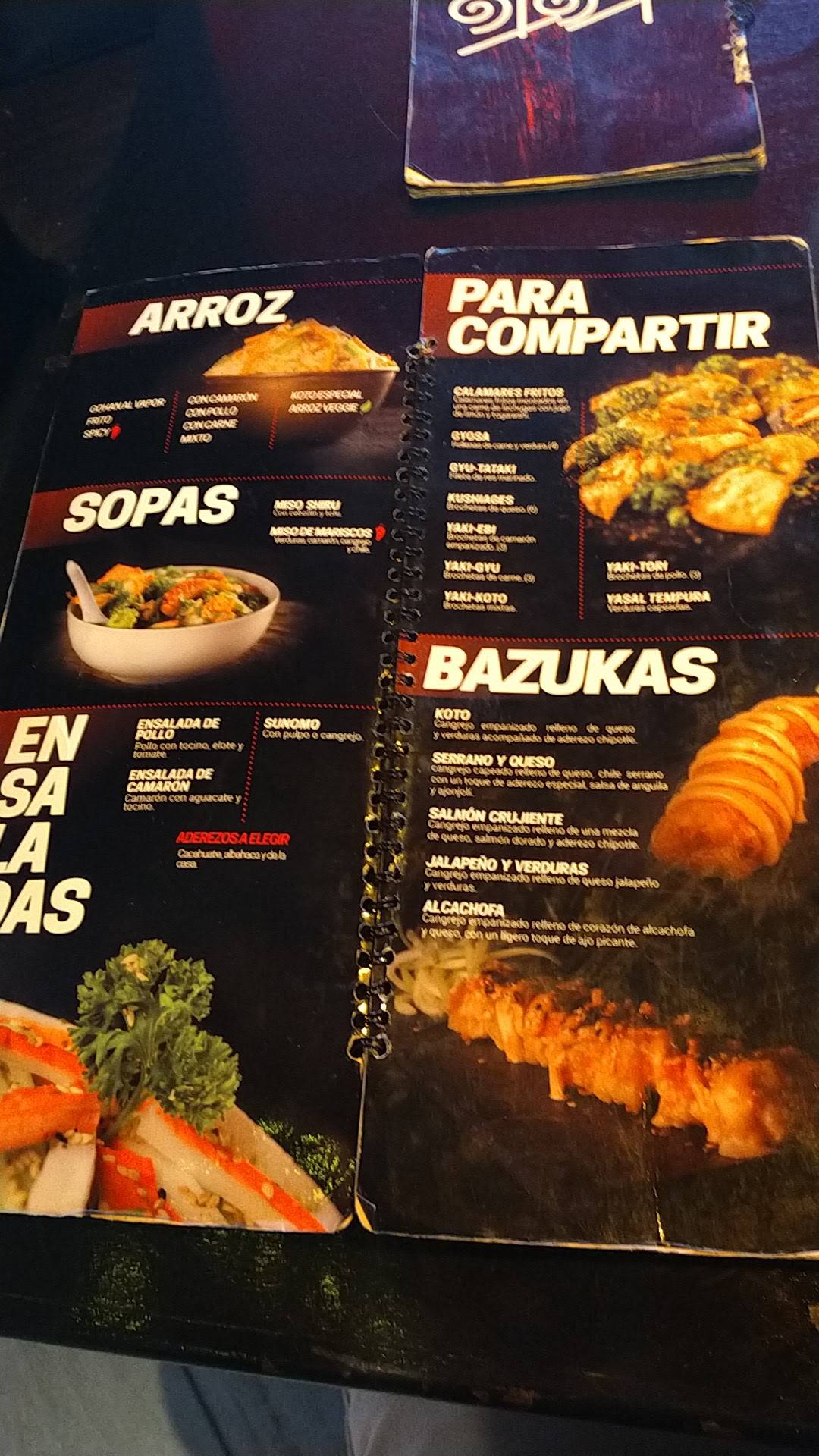 Carta de Koto sushi bar Revolución, Monterrey, Av. Revolución 3803