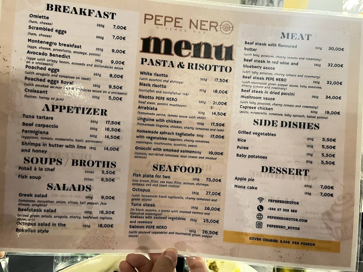 Menu at Pepe Nero restaurant, Kotor