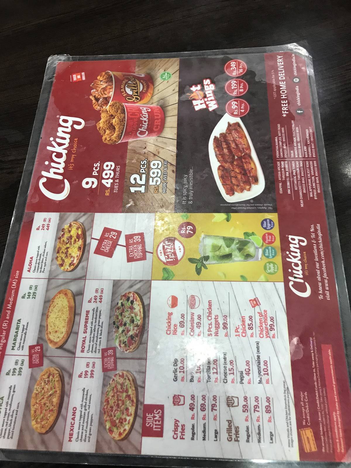 Menu at ChicKing, Kottakkal, PKB Tower