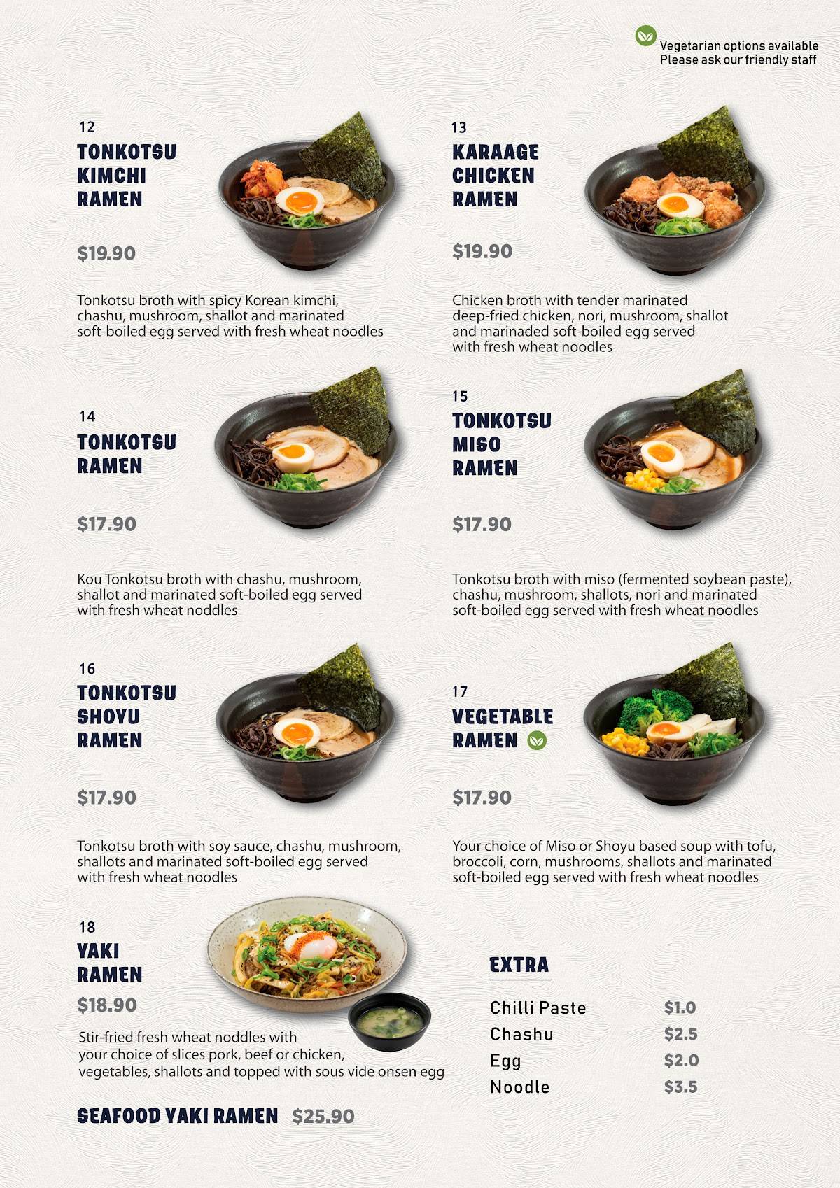 Menu at Kou Ramen restaurant, Blacktown