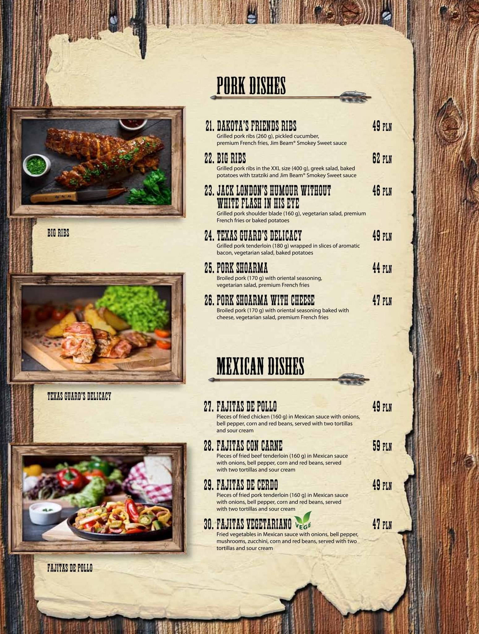Menu at Sioux steakhouse, Kraków
