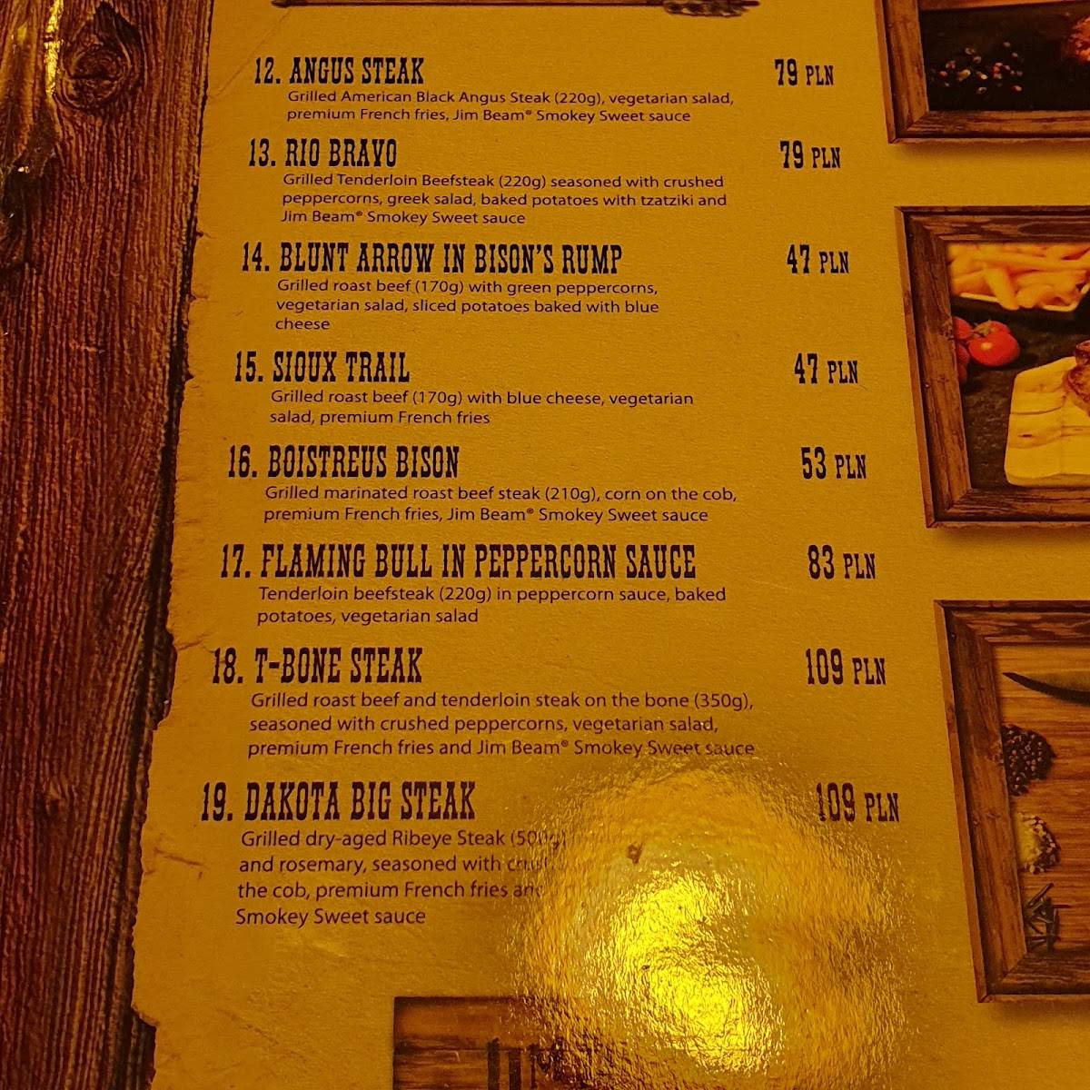Menu at Sioux steakhouse, Kraków