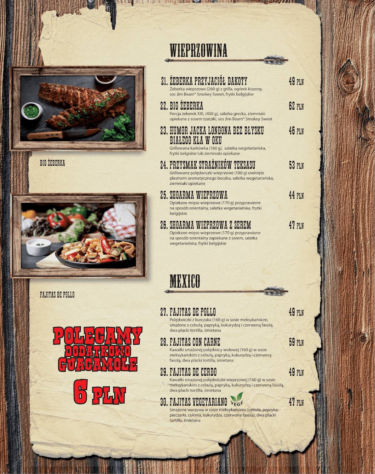 Menu at Sioux steakhouse, Kraków