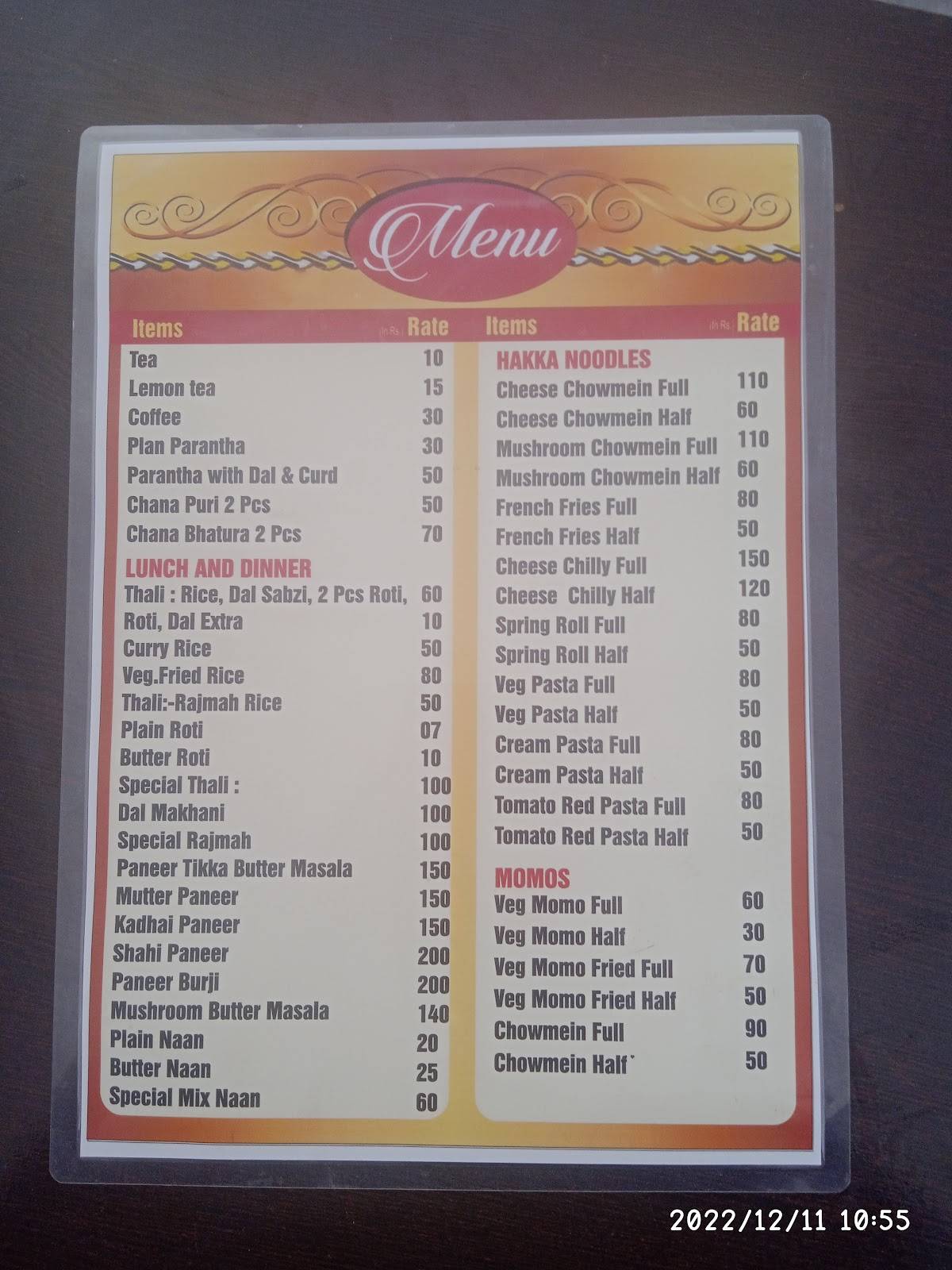 Menu at Kullu Manali Cafe, Jammu