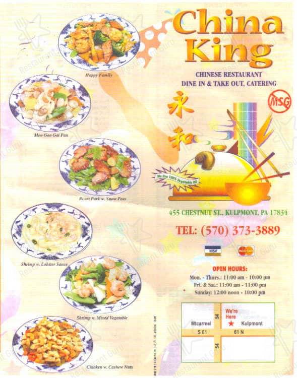 Menu at New China King 永和 restaurant, Kulpmont