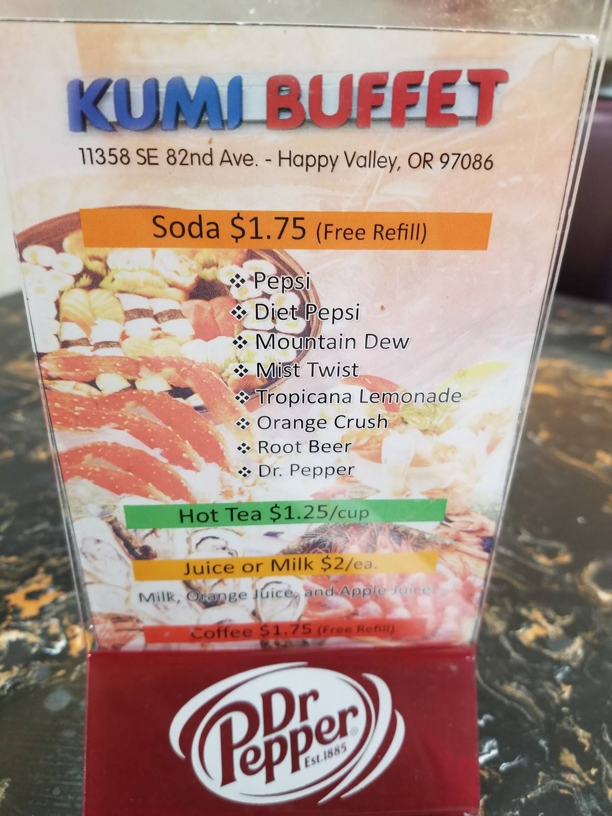 Menu at Kumi Buffet restaurant, Happy Valley
