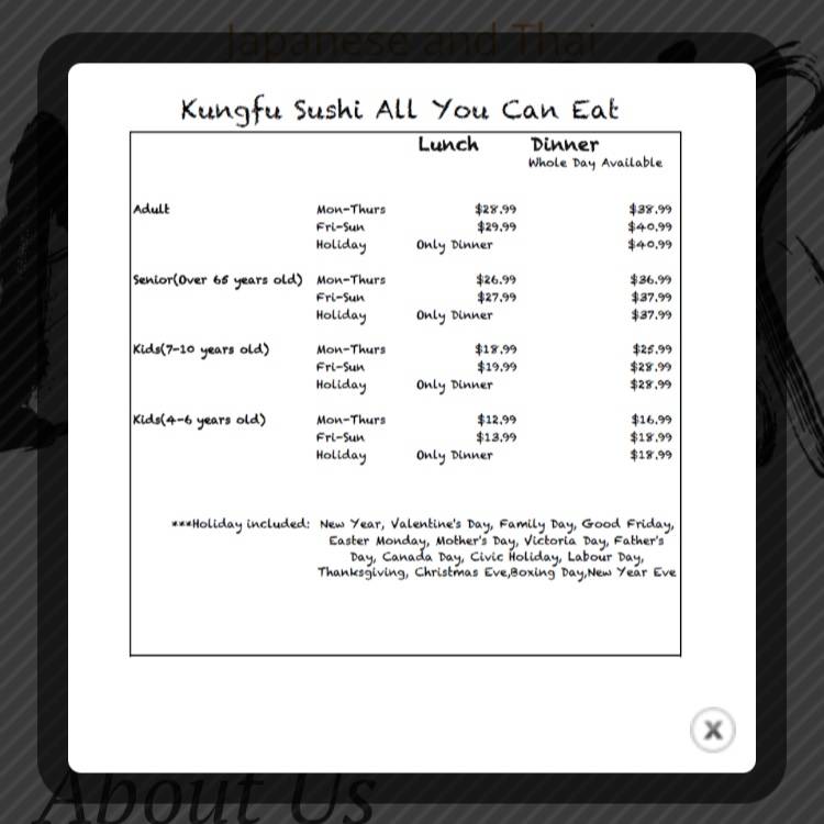 Menu at Kung Fu Sushi & Kung Fu Tea restaurant, Toronto