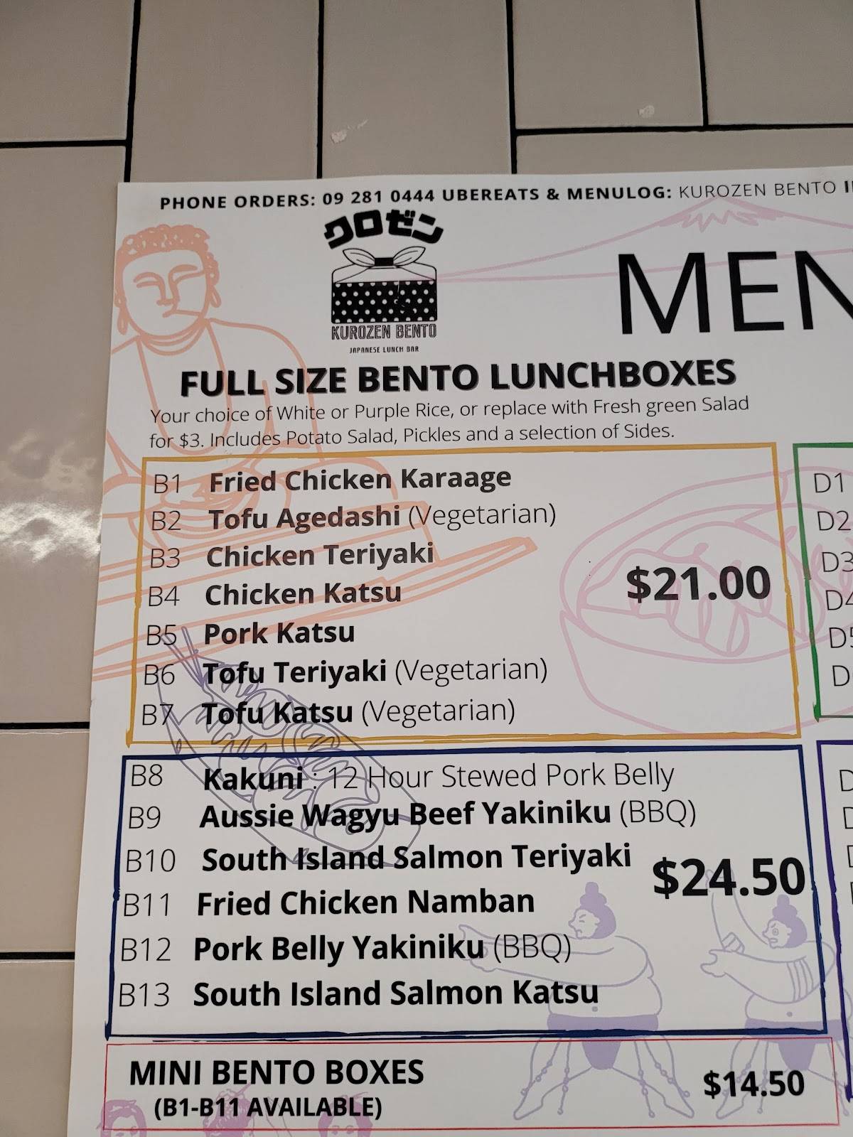 Carta del restaurante Kurozen Bento, Auckland
