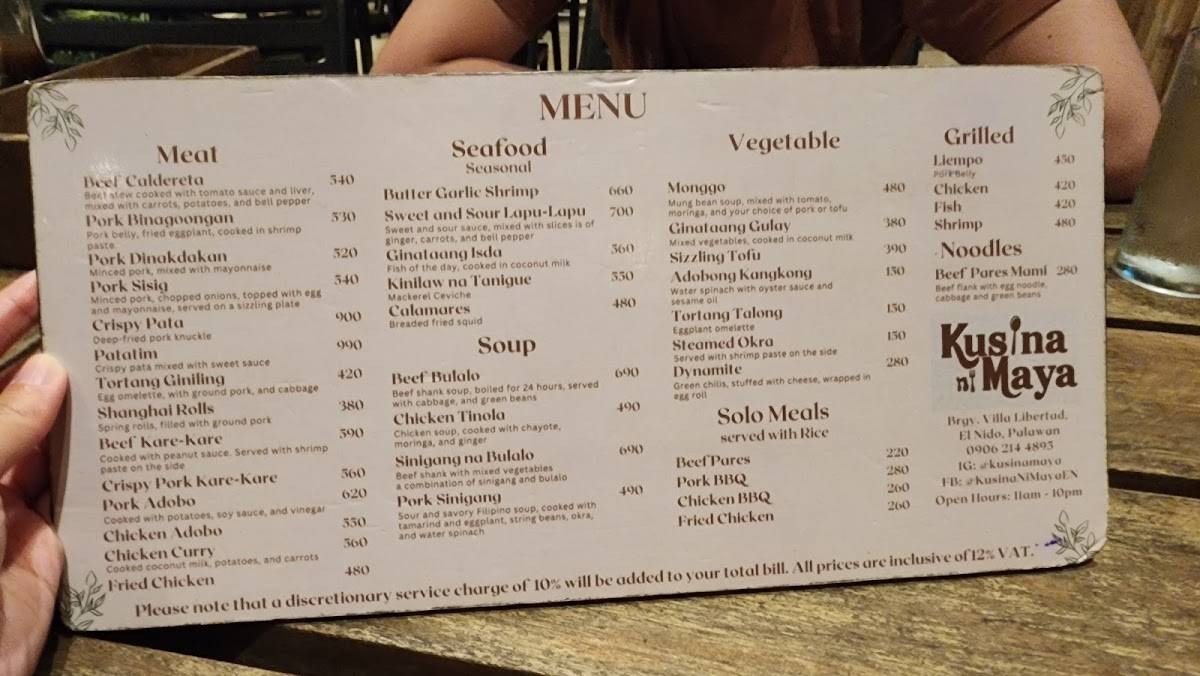 Menu at Kusina Ni Maya restaurant, El Nido