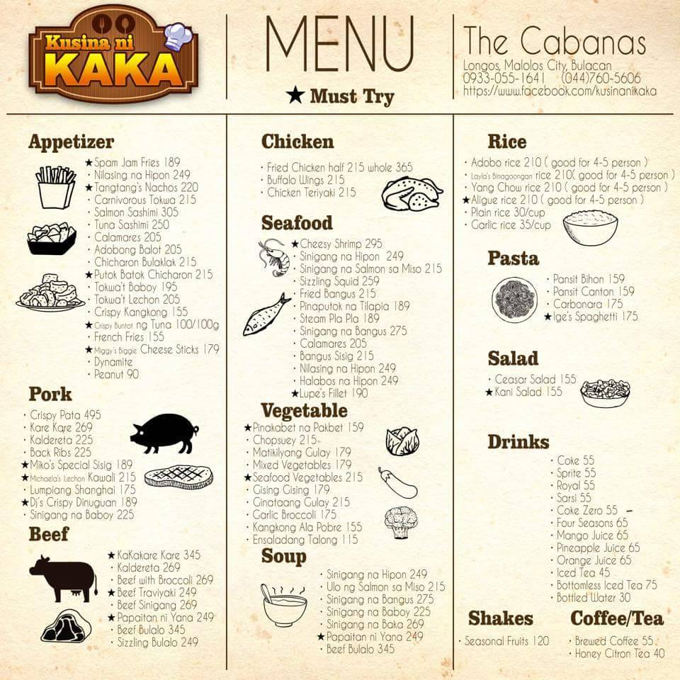 Menu at Kusina ni Kaka restaurant, Malolos, The Cabanas