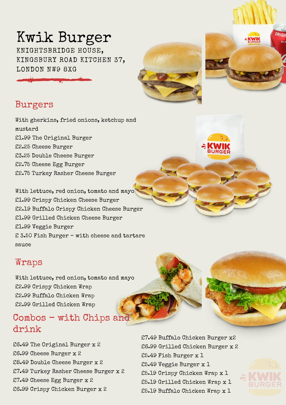 Carta del restaurante Kwik Burger, Londres