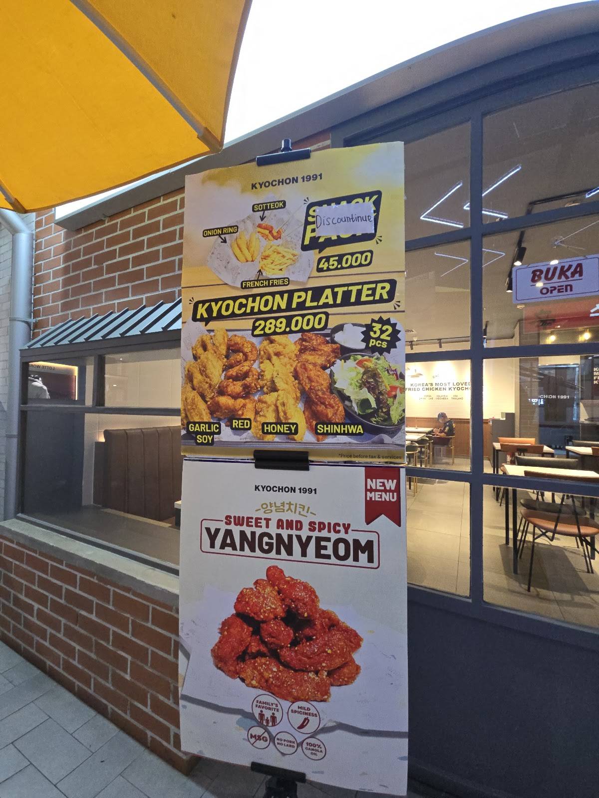Menu at Kyochon 1991 chicken Lotte Mall restaurant, South Jakarta