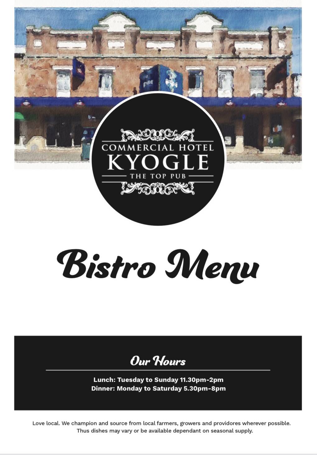 Menu at Commercial Hotel pub & bar, Kyogle