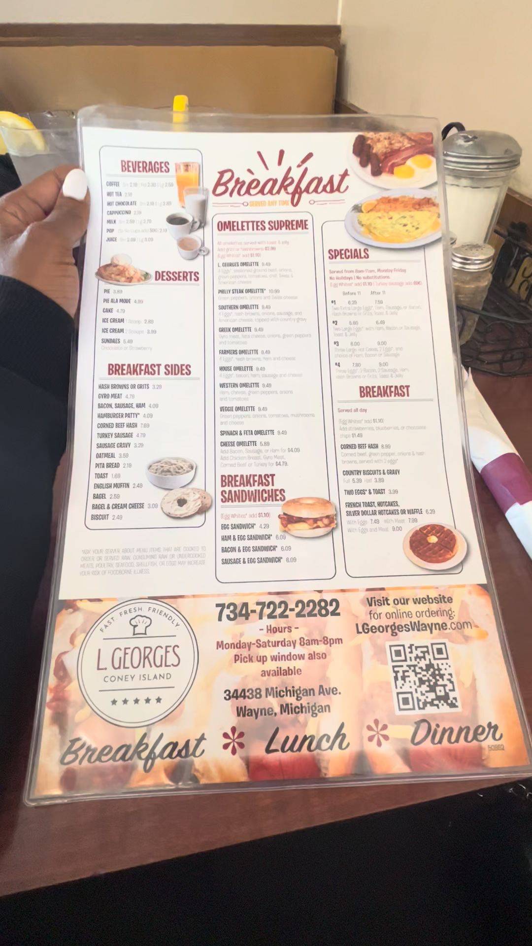 Menu at L George's Coney Island restaurant, Wayne, Michigan Ave