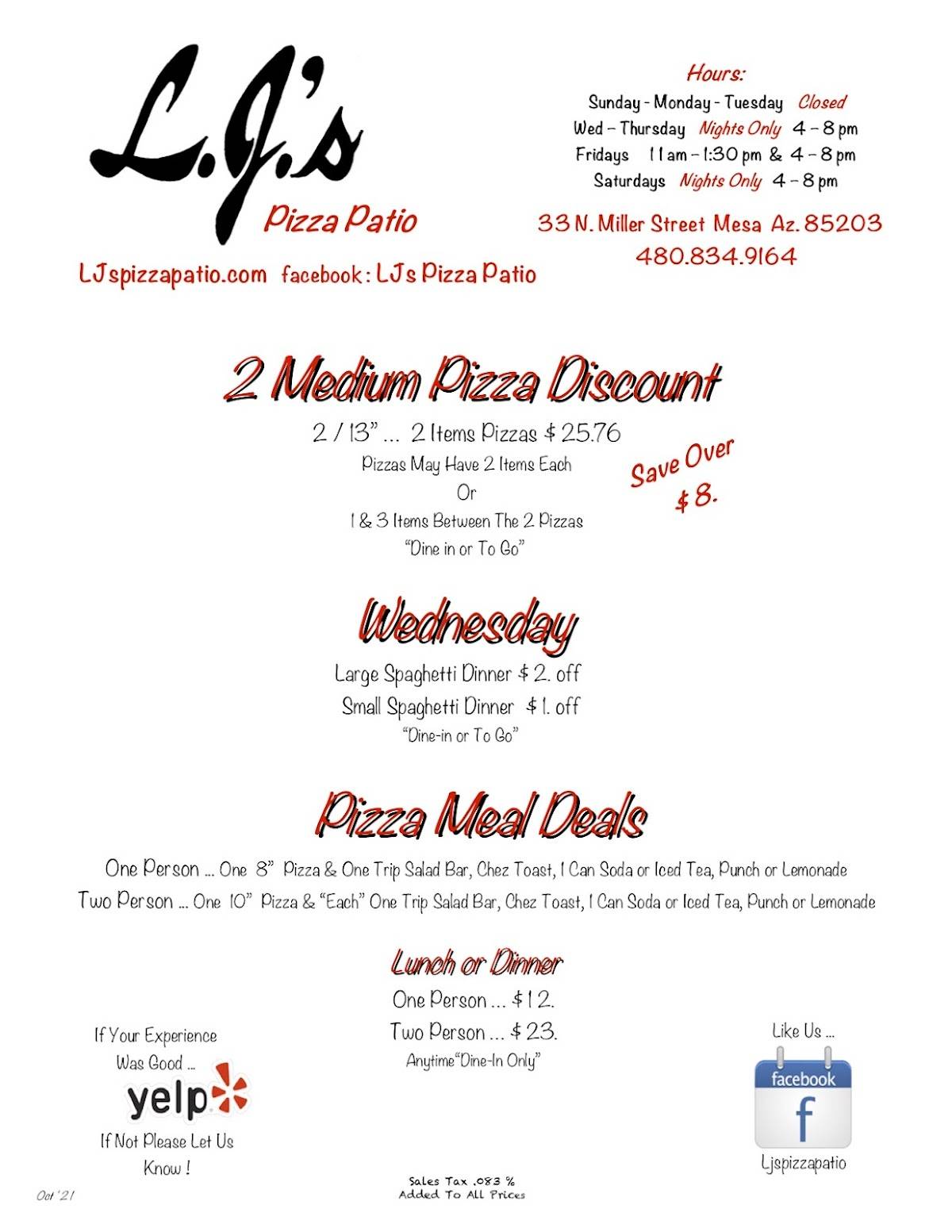 Menu at L J's Pizza Patio restaurant, Mesa