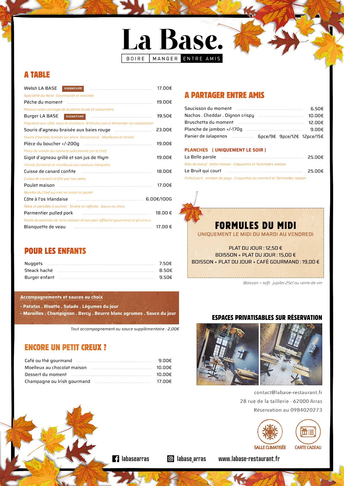 Menu au LA BASE RESTAURANT, Arras