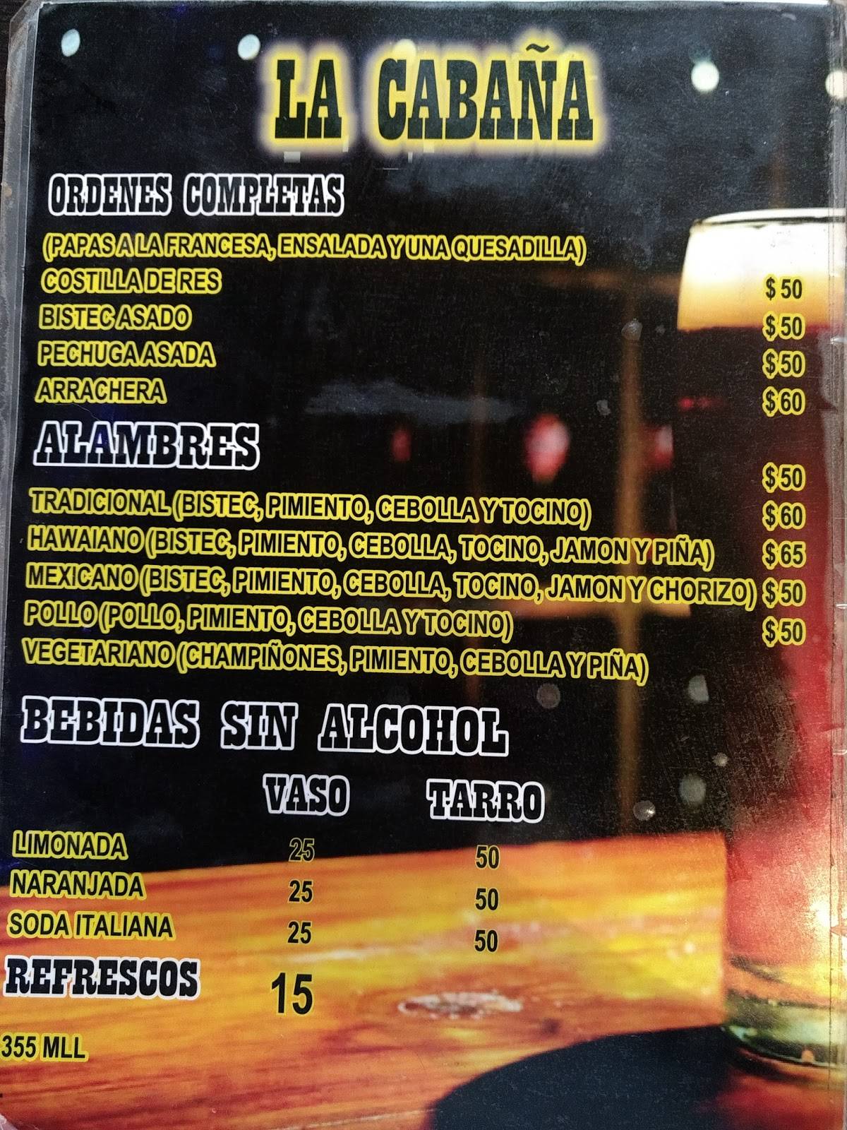 Menu at LA CABAÑA SNACK'S pub & bar, Mexico City, C. José Rivera 8