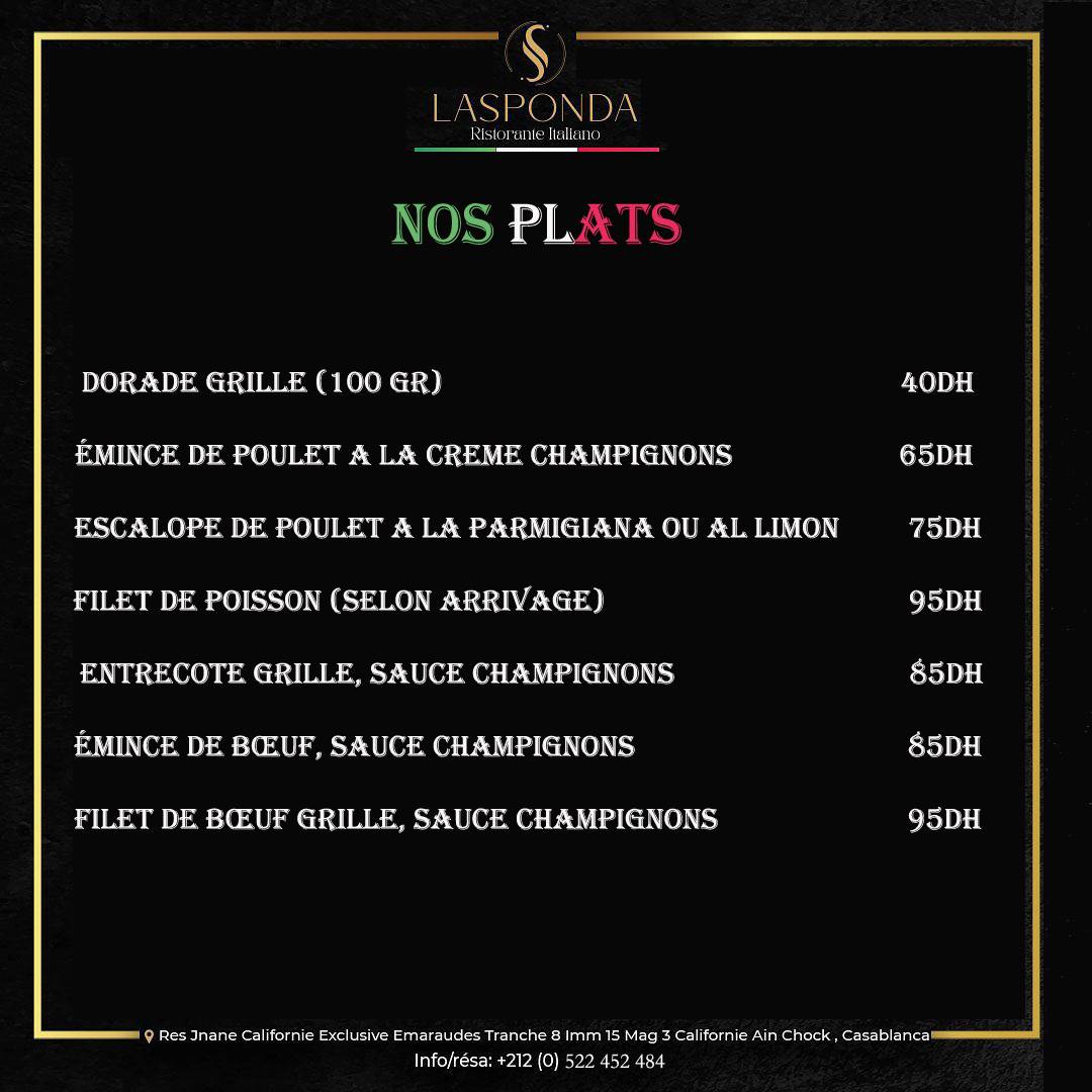 Menu at LA sponda restaurant, Casablanca
