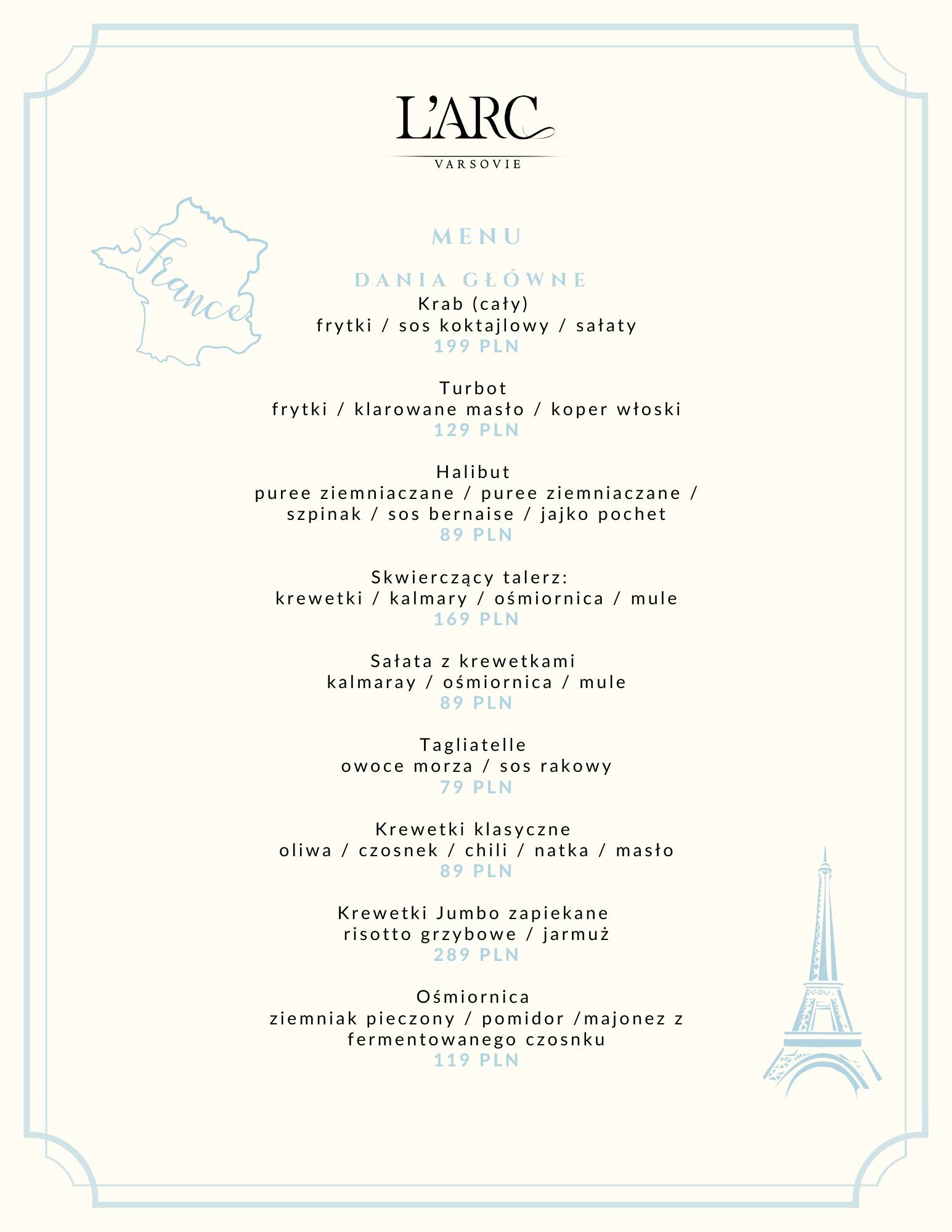 Menu at L'Arc restaurant, Warsaw