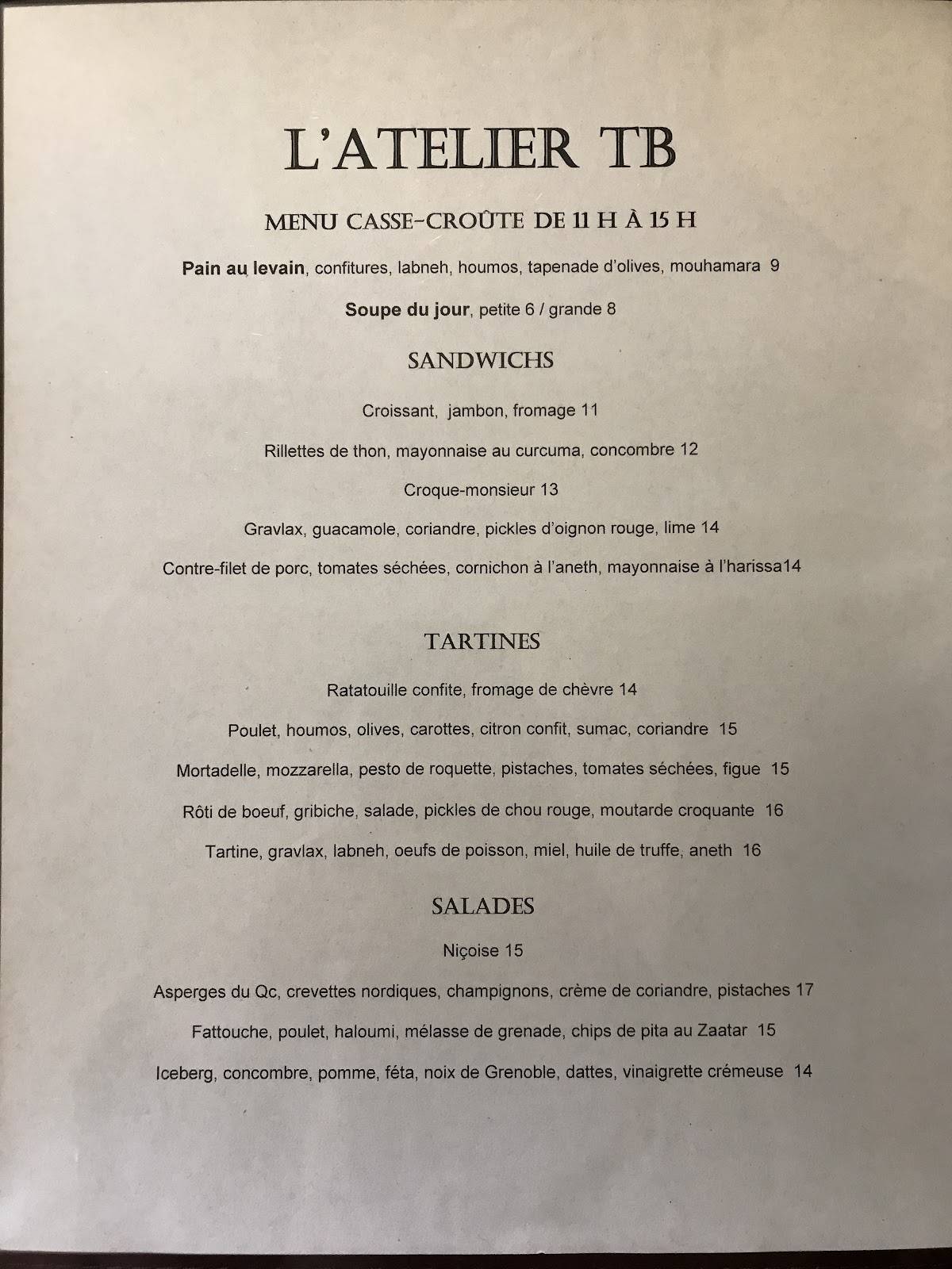 Menu au L’Atelier TB restaurant, Boucherville, Café Centre D’Art