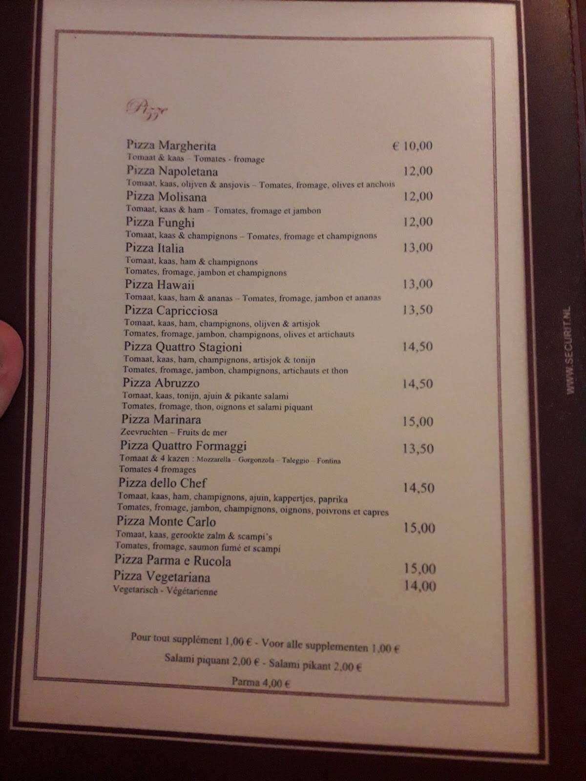 Menu at L'Adriatico, Tongeren
