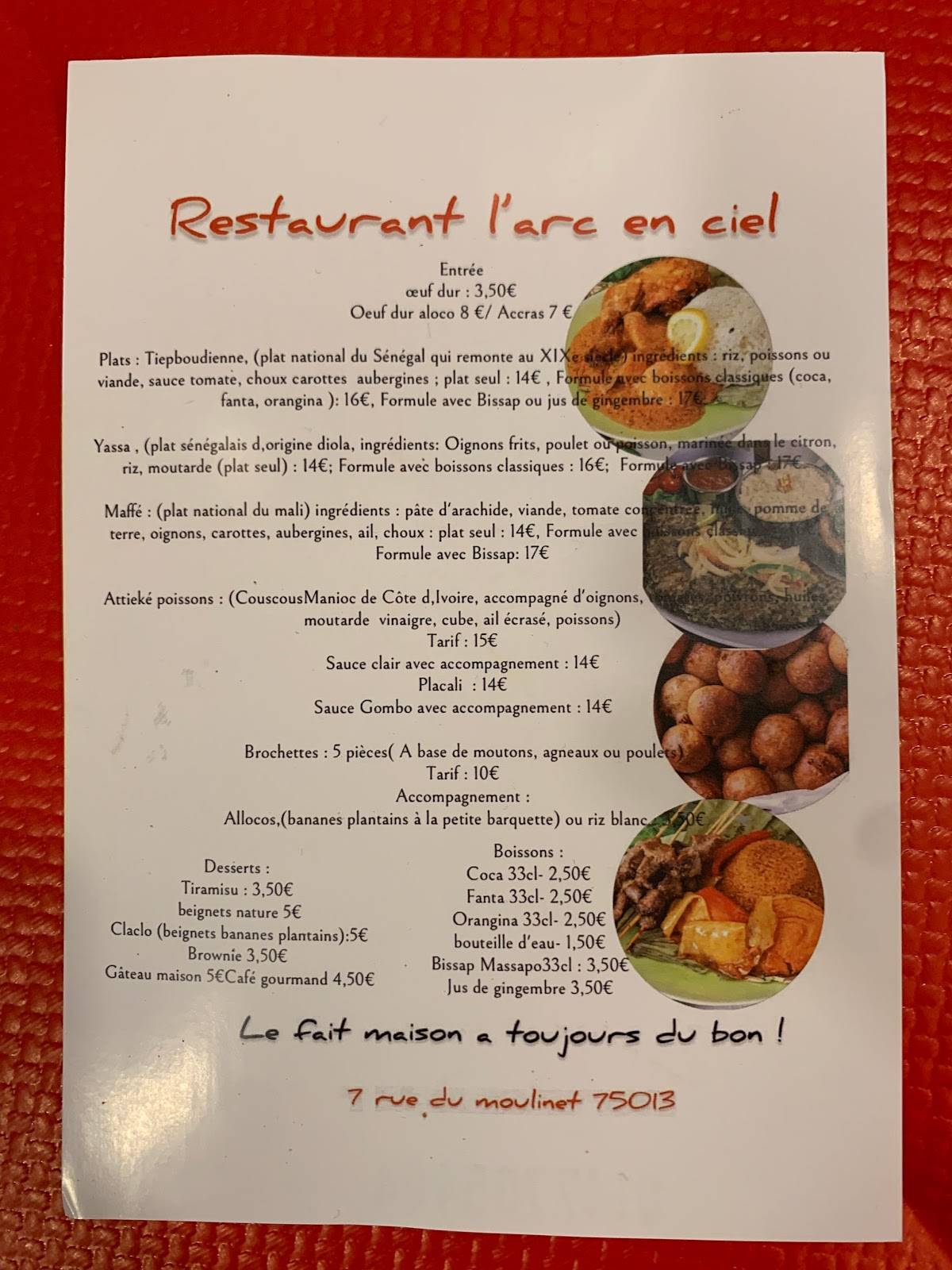 Menu at L'Arc En Ciel cafe, Clane