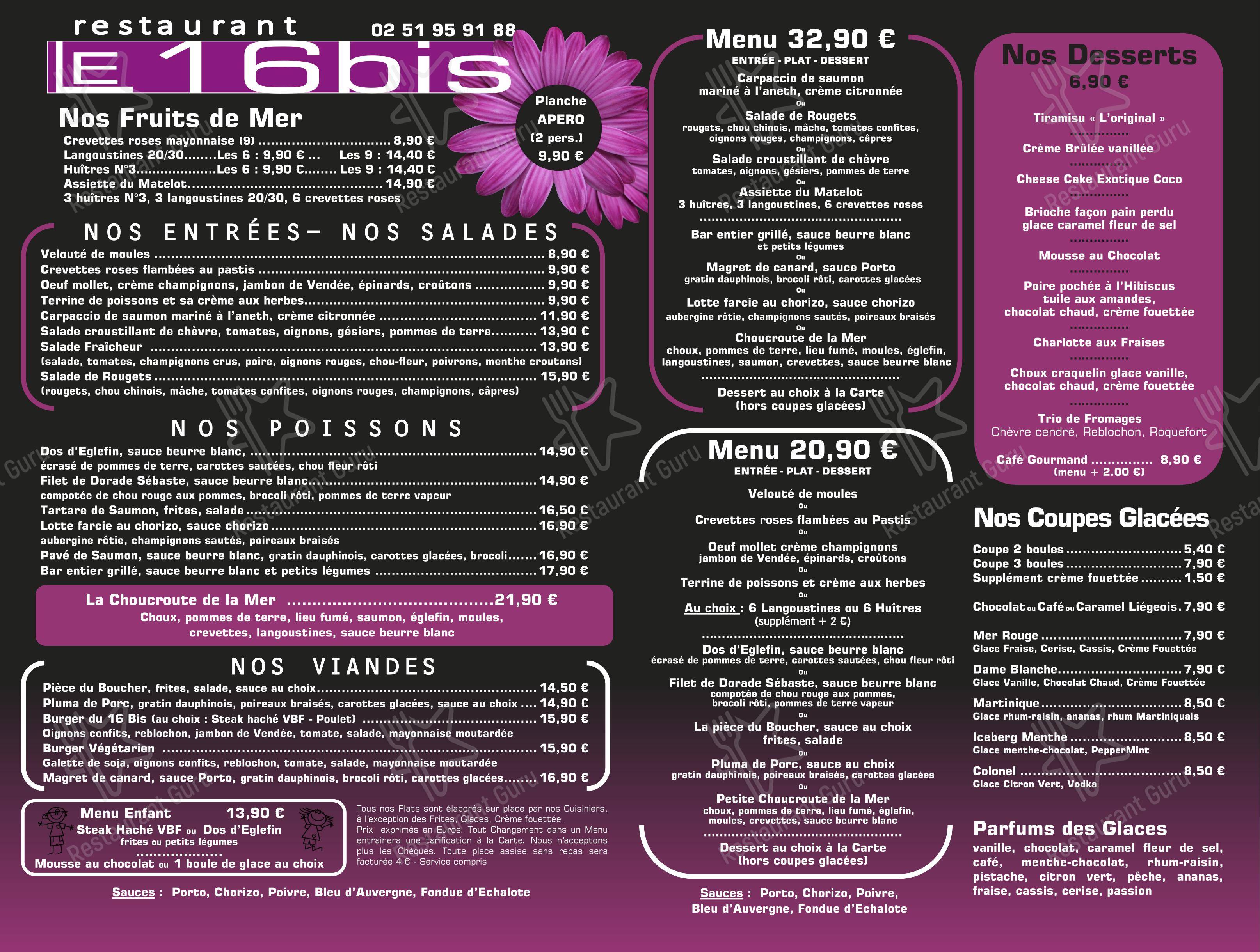 Menu au LE 16 Bis Restaurant, Les Sables-d'Olonne
