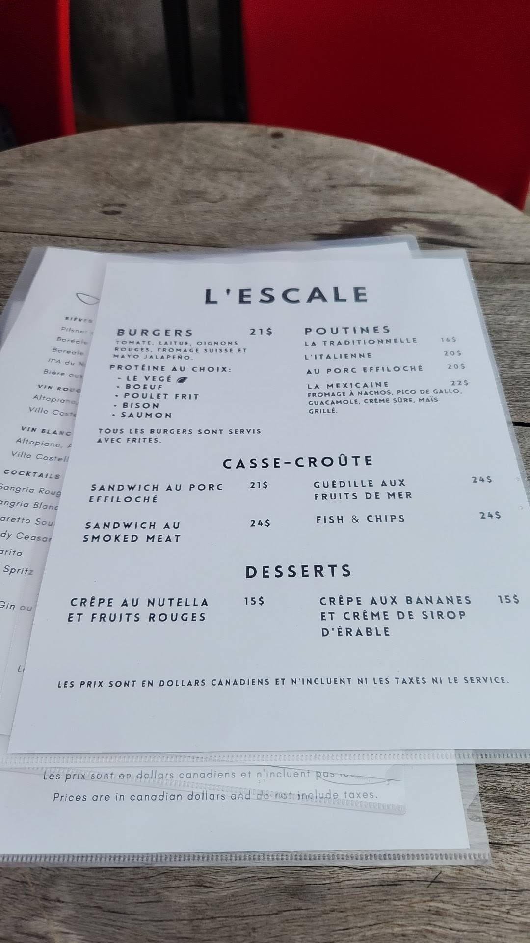 Menu at L'Escale Rest restaurant, Québec City