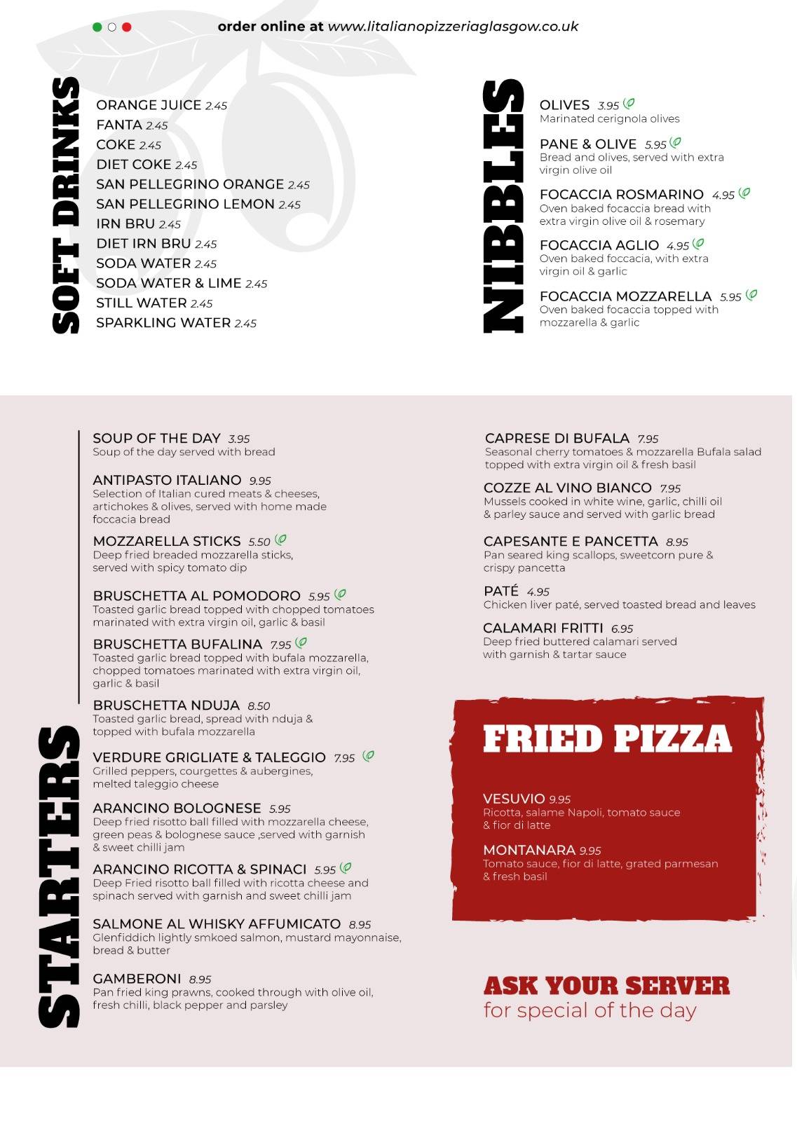Menu at L'Italiano Pizzeria Ristorante, Glasgow