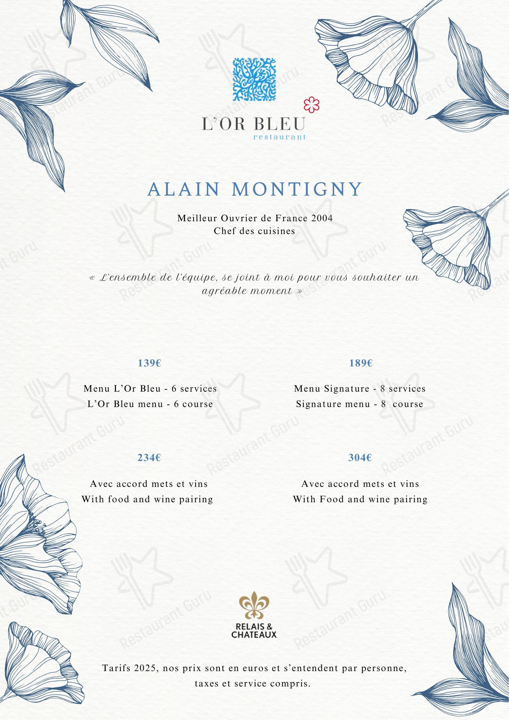 Menu at L'Or Bleu restaurant, Théoule-sur-Mer
