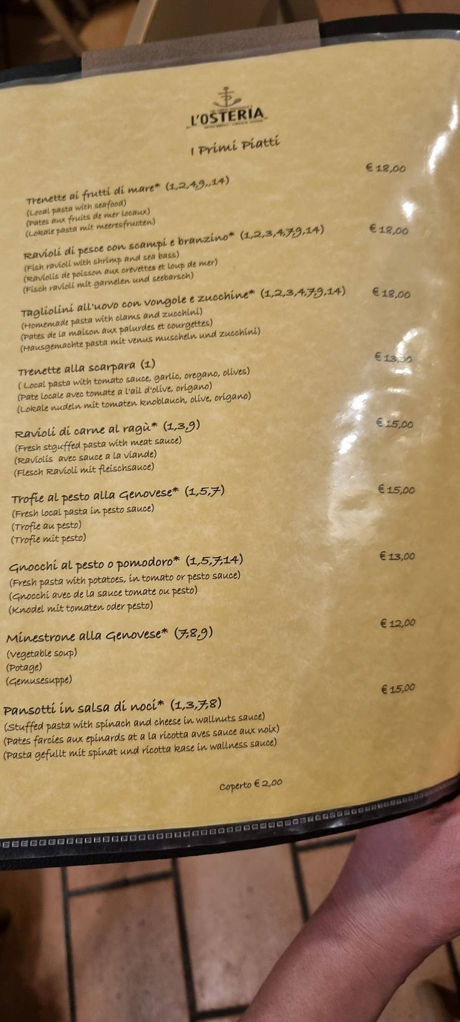 Menu at L’Osteria restaurant, Monterosso al Mare