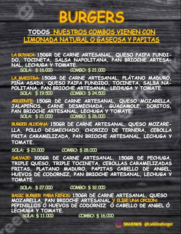 Carta de La Aldea Restaurante Gourmet y Hamburguesería Artesanal ...